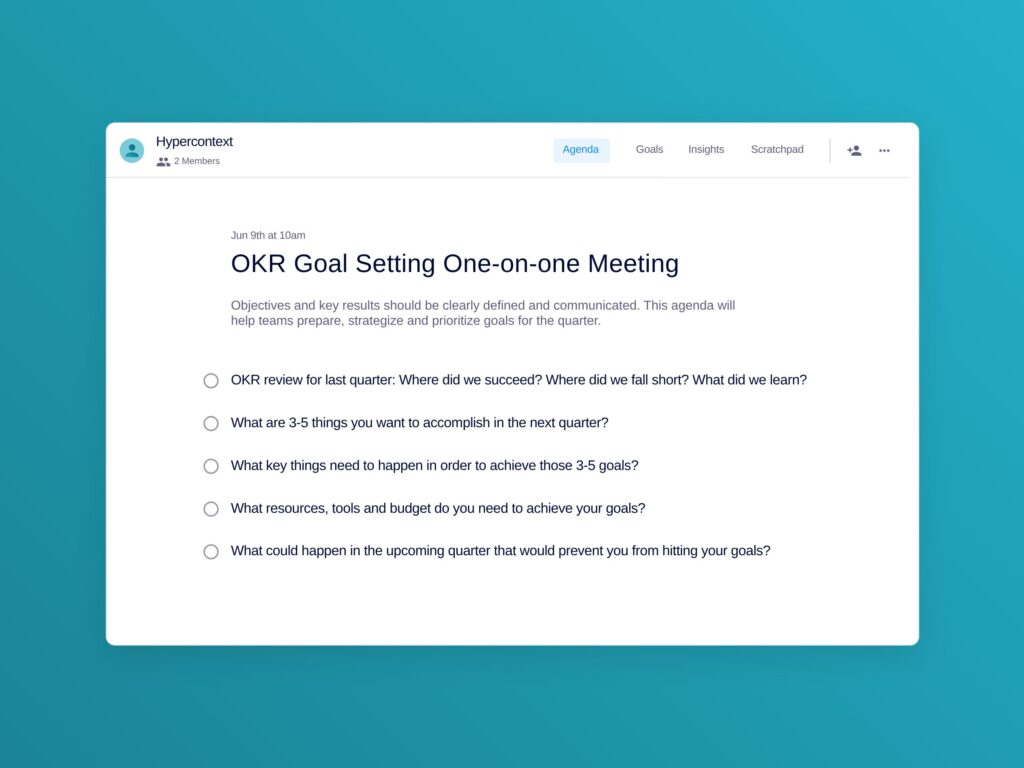 Setting goals with your direct reports: OKR meeting agenda | Spinach